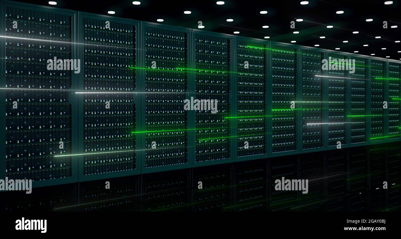 Powerful servers sit behind glass panels in a server room of a data ...
