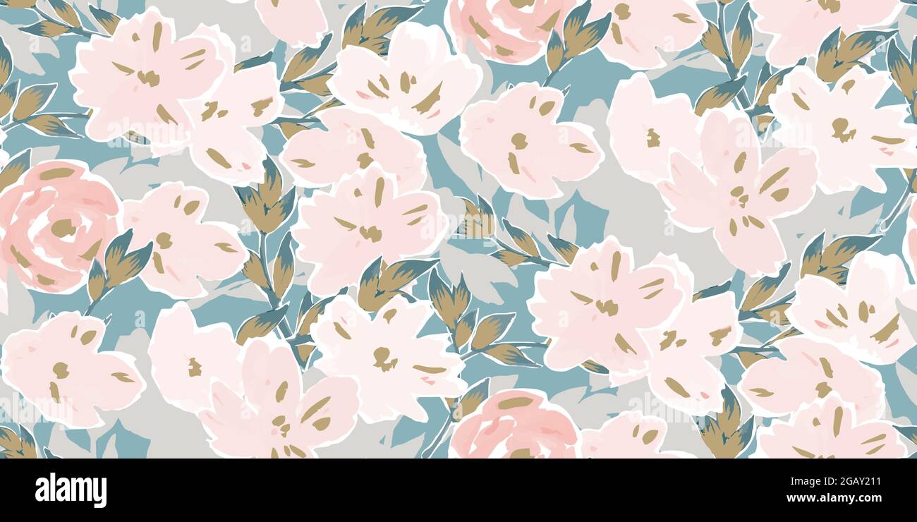 Simple seamless pattern of hand drawn gouache flowers, abstract ...
