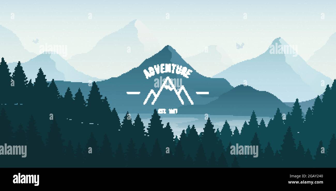 Horizontal Landscape with forest, lake and mountains. Vector ...