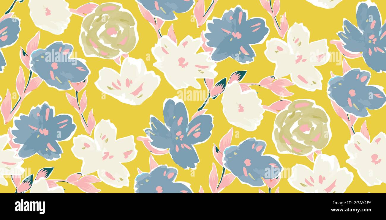 Simple seamless pattern of hand drawn gouache flowers, abstract ...