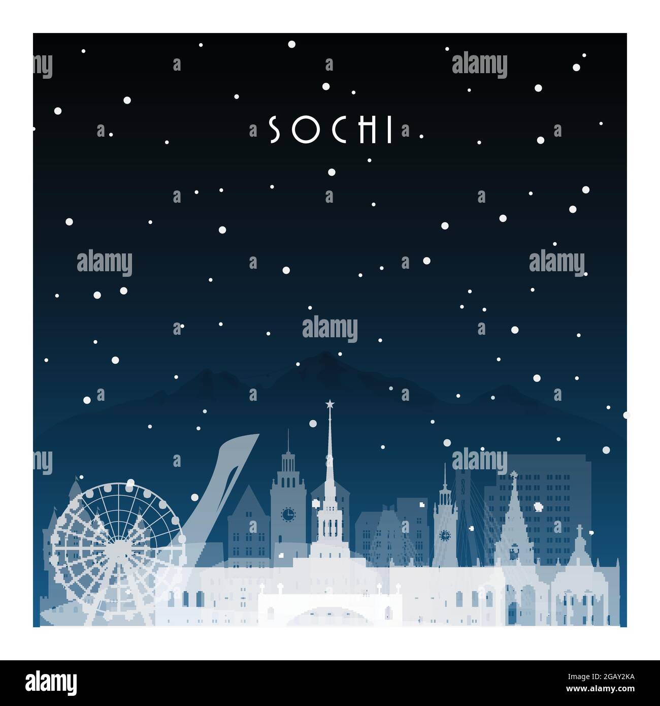 Winter night in Sochi. Night city in flat style for banner, poster ...