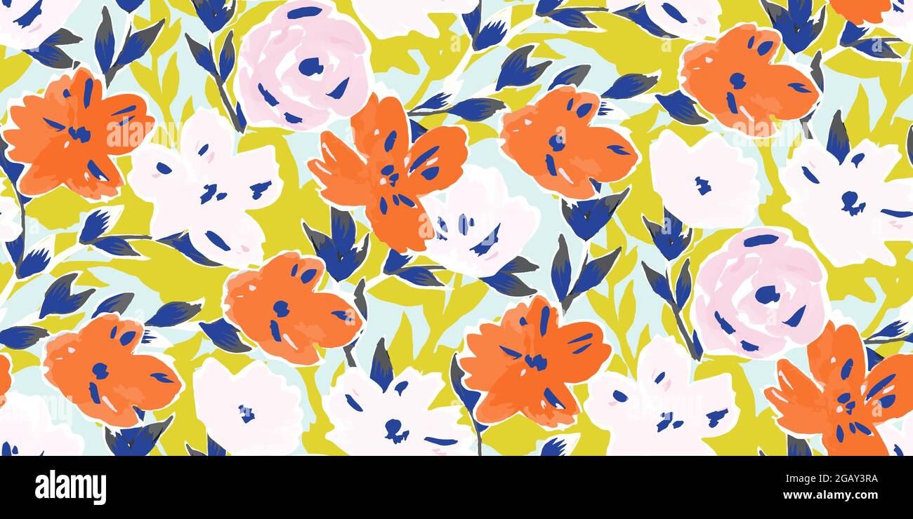 Simple seamless pattern of hand drawn gouache flowers, abstract ...