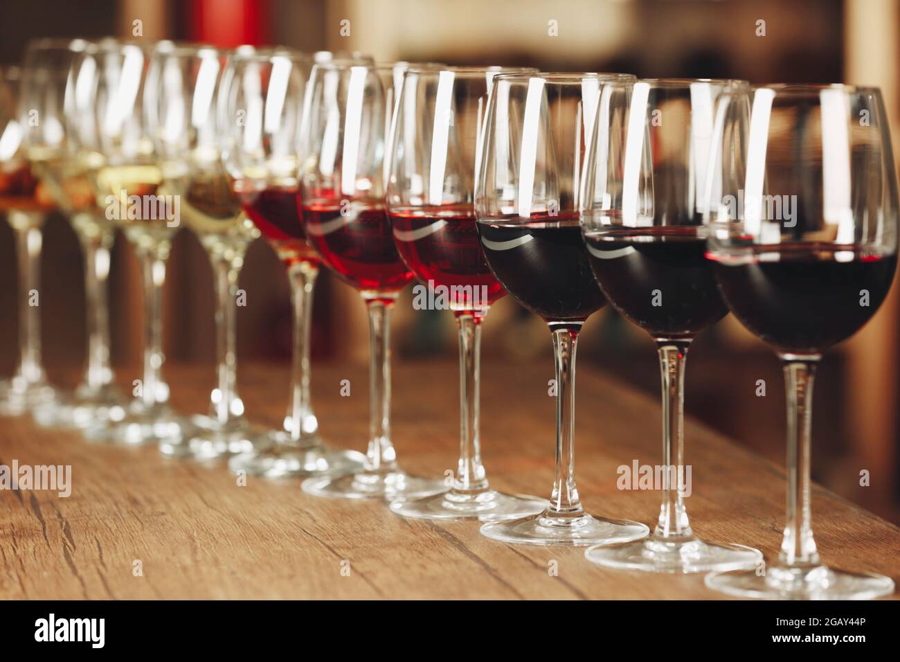 Many glasses of different wine in a row on bar counter Stock Photo - Alamy