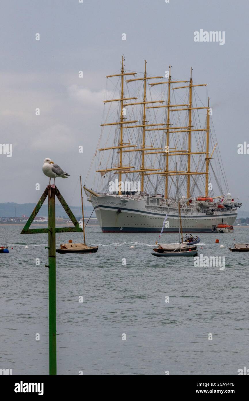 Tall ship or square rigged sailing ship at anchor off of cowes on the ...