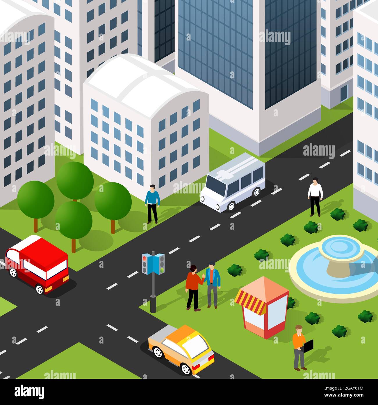 Lifestyle illustration of the city block with people, houses and ...