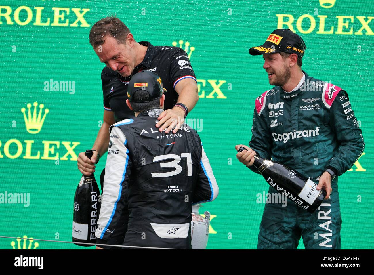 Race winner Esteban Ocon (FRA) Alpine F1 Team celebrates on the podium ...