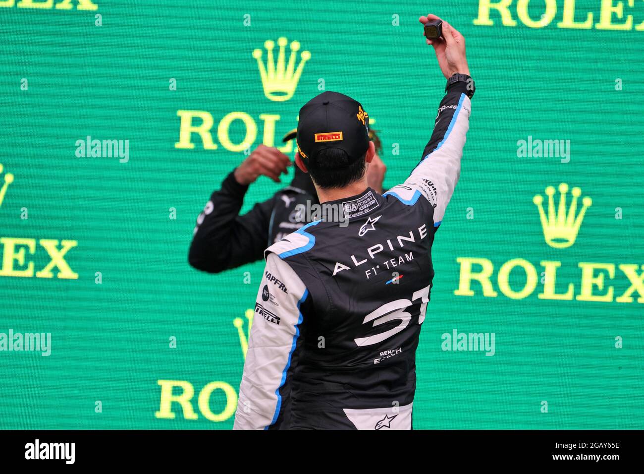 Race winner Esteban Ocon (FRA) Alpine F1 Team celebrates on the podium ...