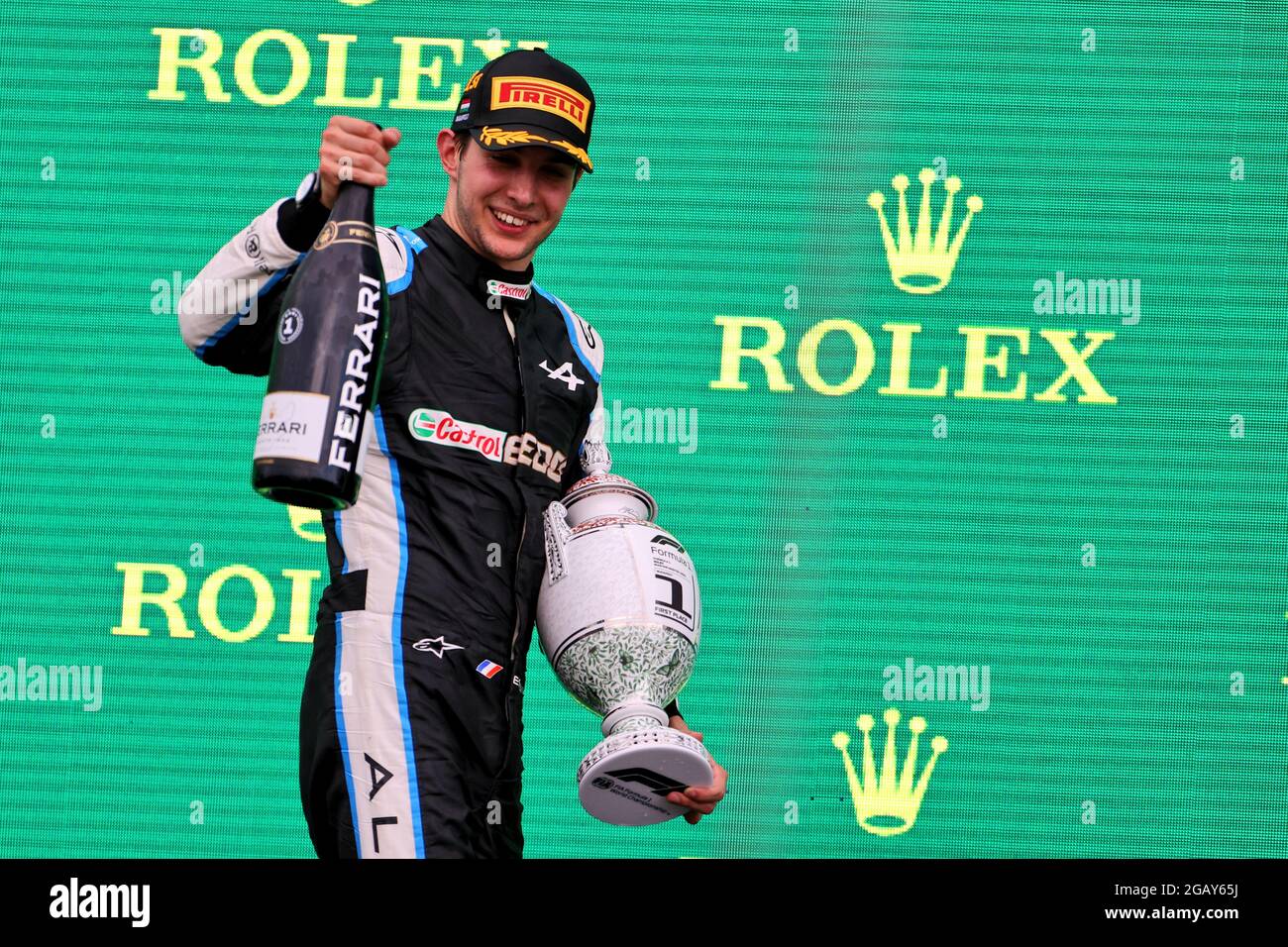 Race winner Esteban Ocon (FRA) Alpine F1 Team celebrates on the podium ...