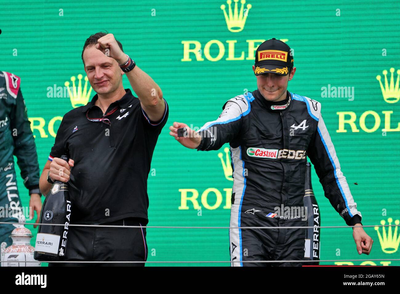 Race winner Esteban Ocon (FRA) Alpine F1 Team celebrates on the podium ...