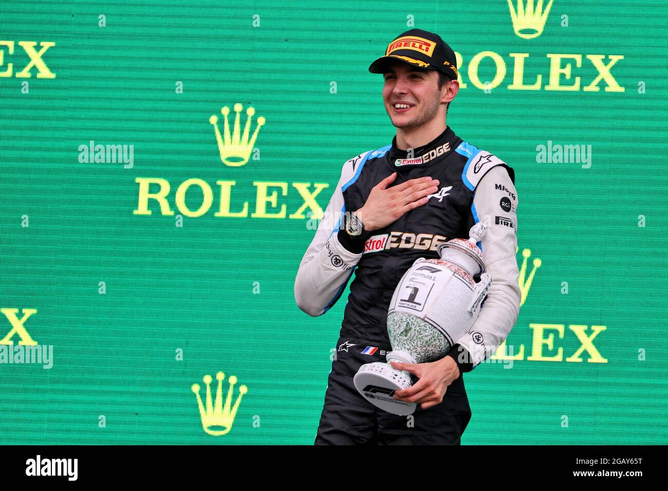 Race winner Esteban Ocon (FRA) Alpine F1 Team celebrates on the podium ...