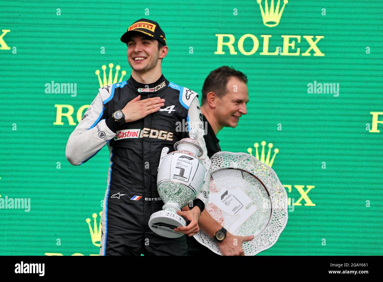 Race winner Esteban Ocon (FRA) Alpine F1 Team celebrates on the podium ...