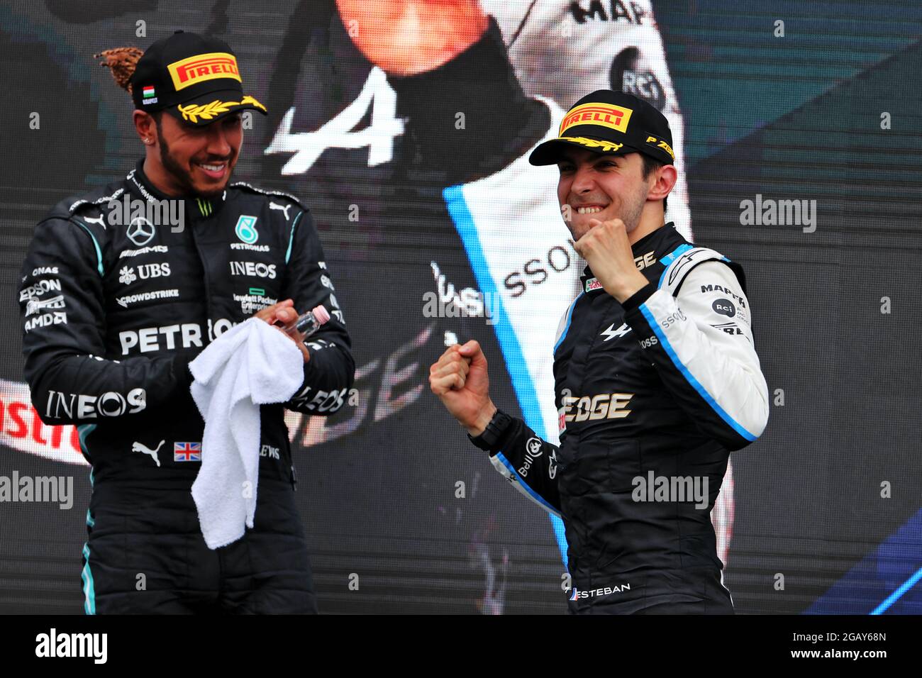 Race winner Esteban Ocon (FRA) Alpine F1 Team celebrates on the podium ...
