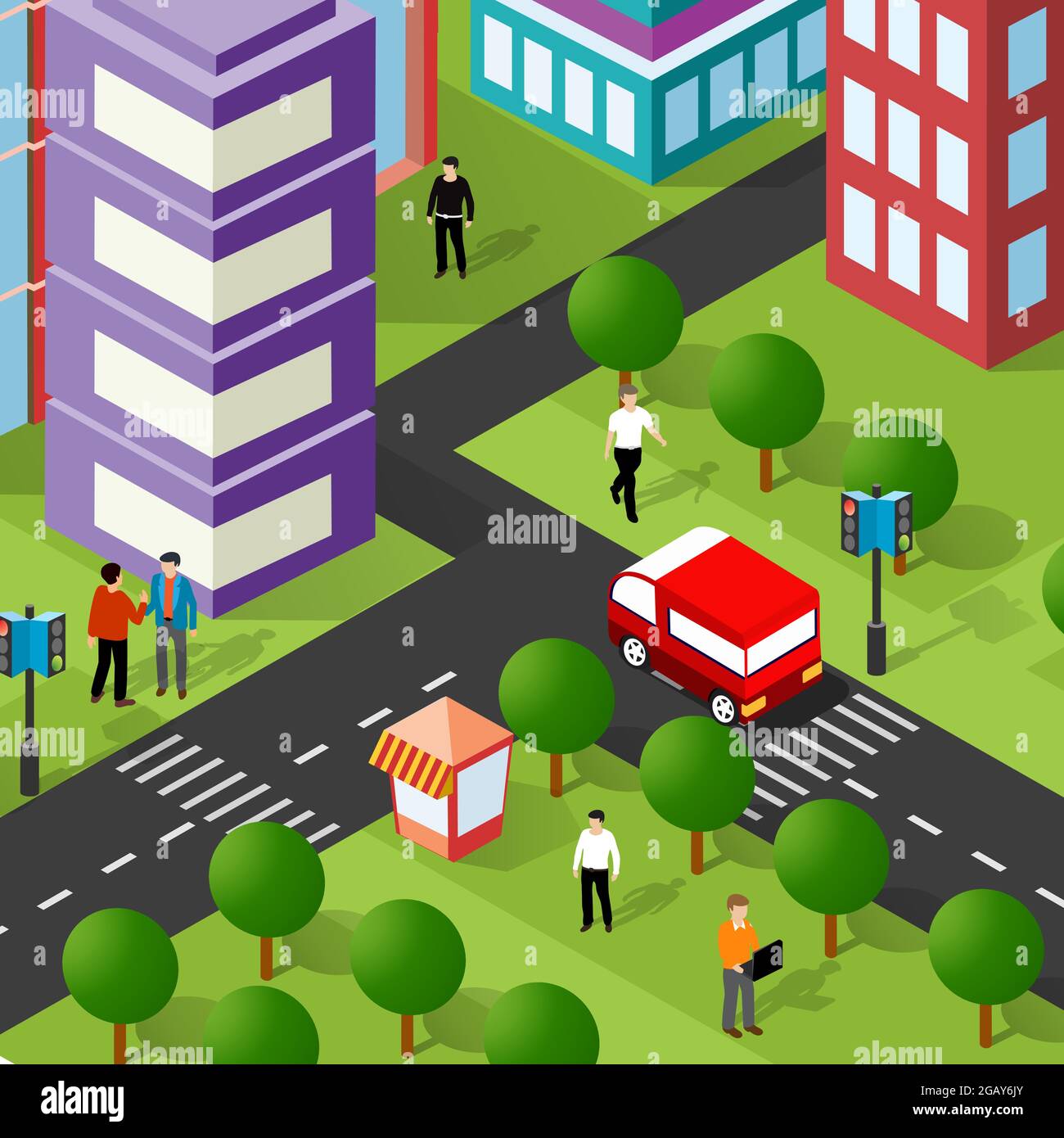 Lifestyle illustration of the city block with people, houses and ...