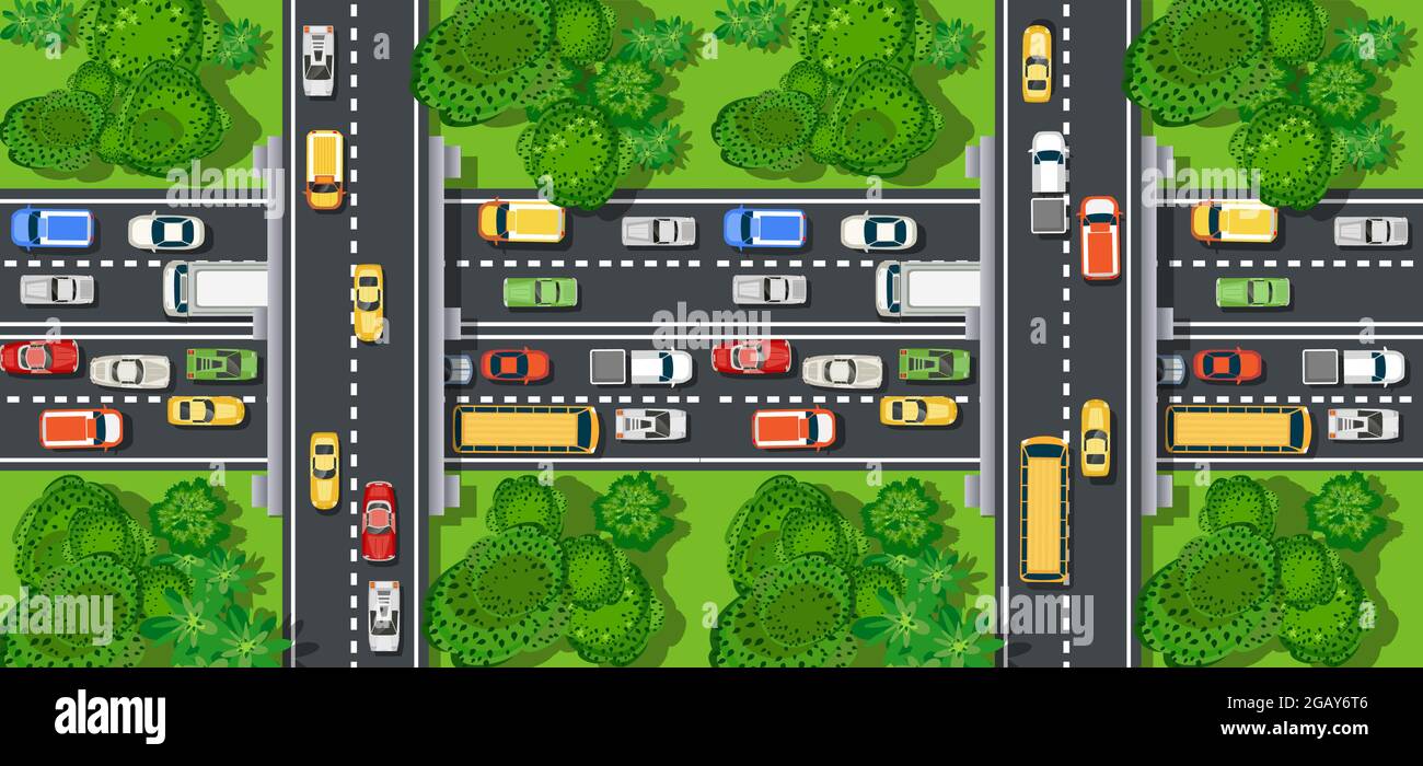 Road top view with highways many different vehicles Stock Vector Image ...