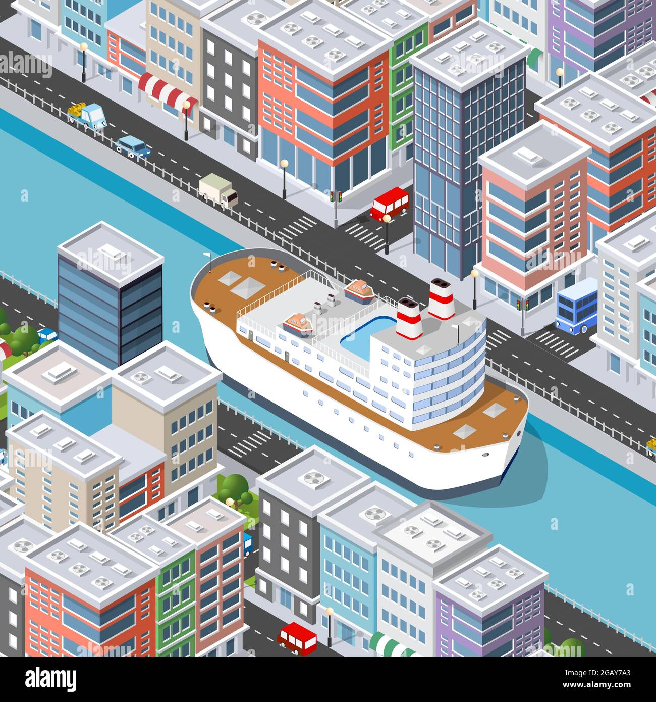 Isometric 3D illustration City with river embankment Stock Vector Image ...
