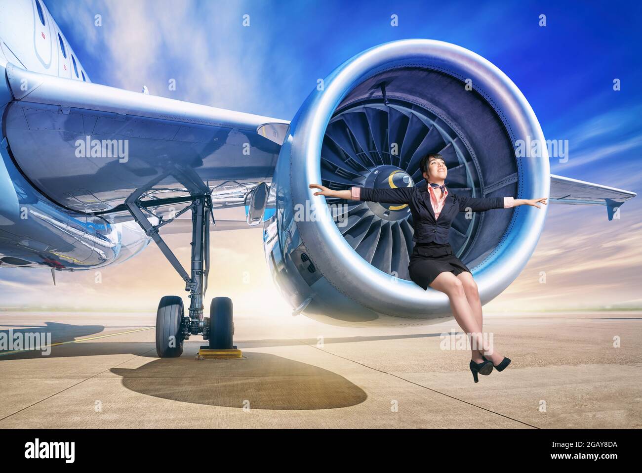 young woman sitting in a jet engine Stock Photo - Alamy