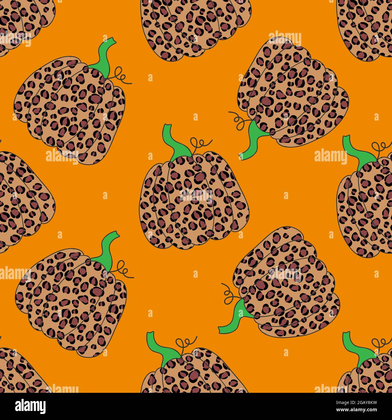 Halloween leopard pumpkin seamless pattern on orang background. Vector ...