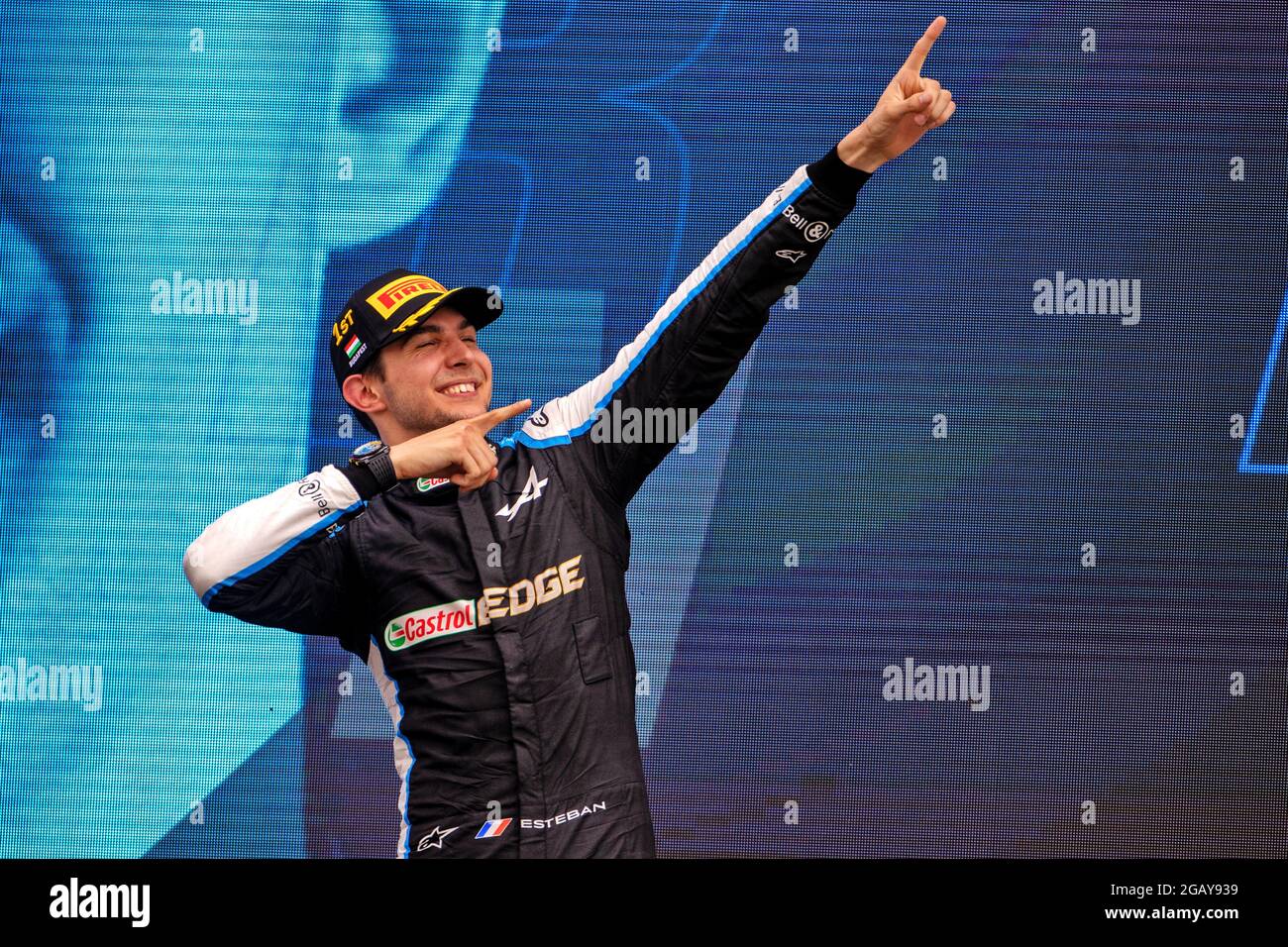 Race winner Esteban Ocon (FRA) Alpine F1 Team celebrates on the podium ...