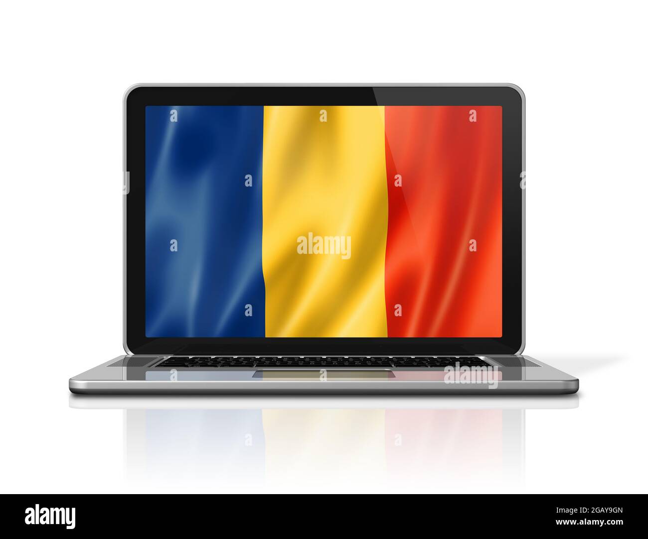 Chad flag on laptop screen isolated on white. 3D illustration render ...