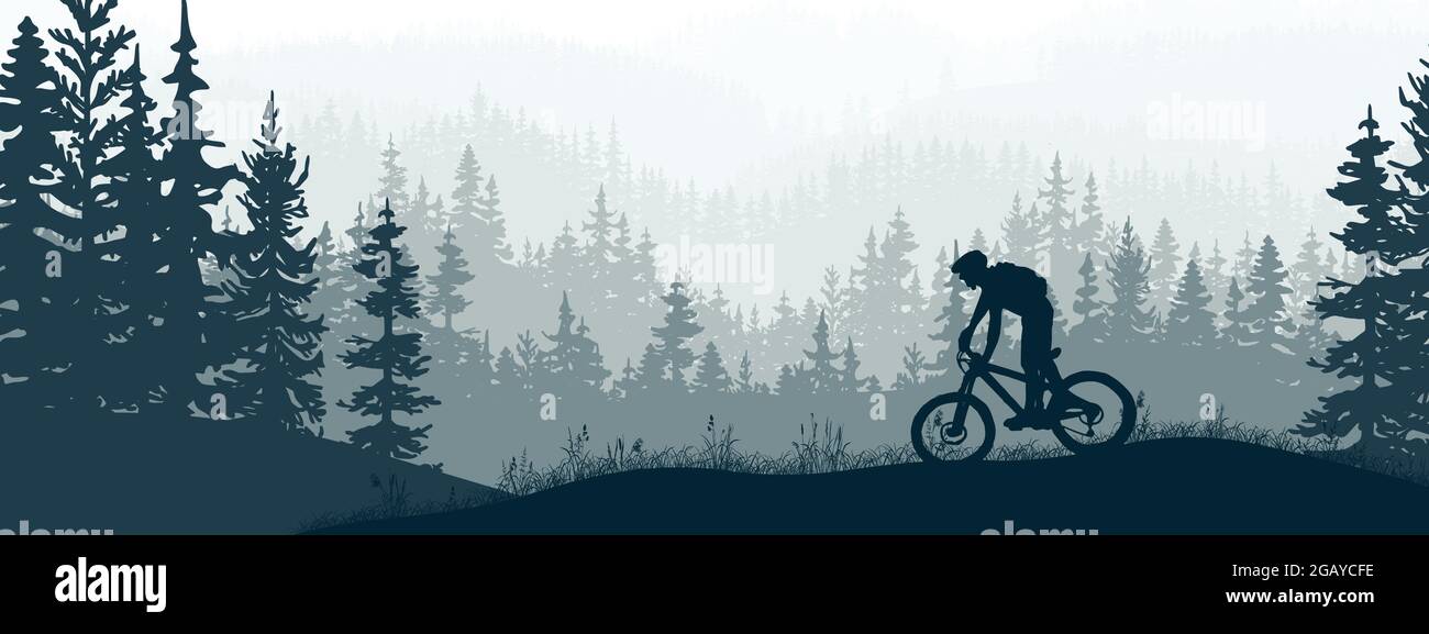 Horizontal banner. Silhouette of mountain bike rider on meadow in ...