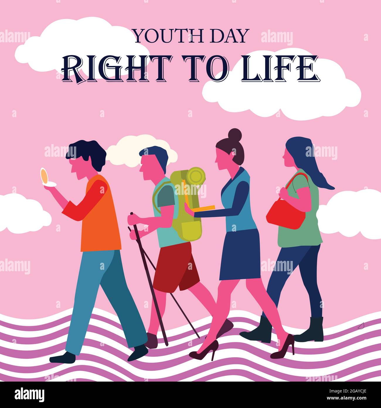 Team of boys and girls walk on the road and celebrate youth day. Give ...