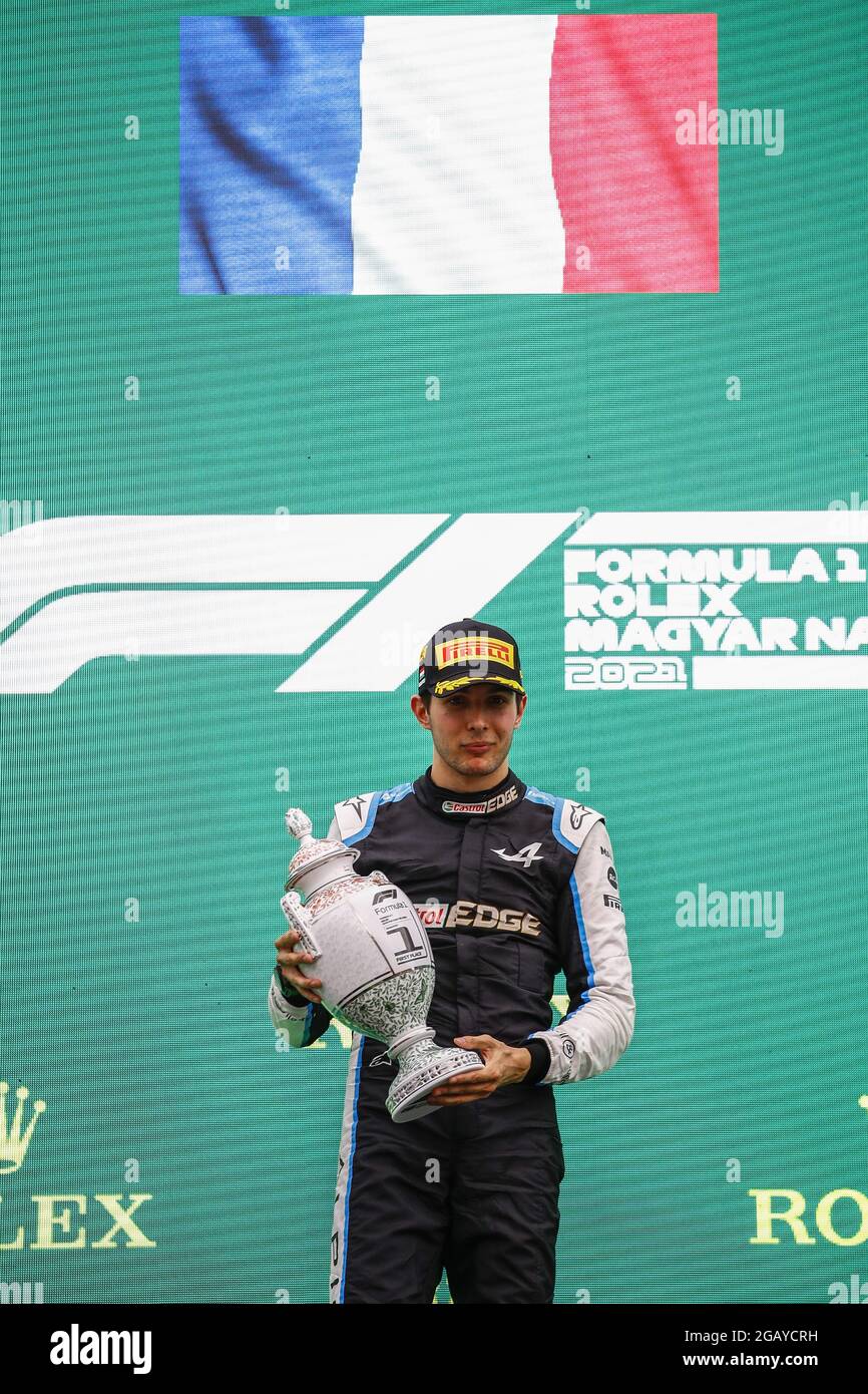 OCON Esteban (fra), Alpine F1 A521, portrait celebrating his victory at the podium during the ...