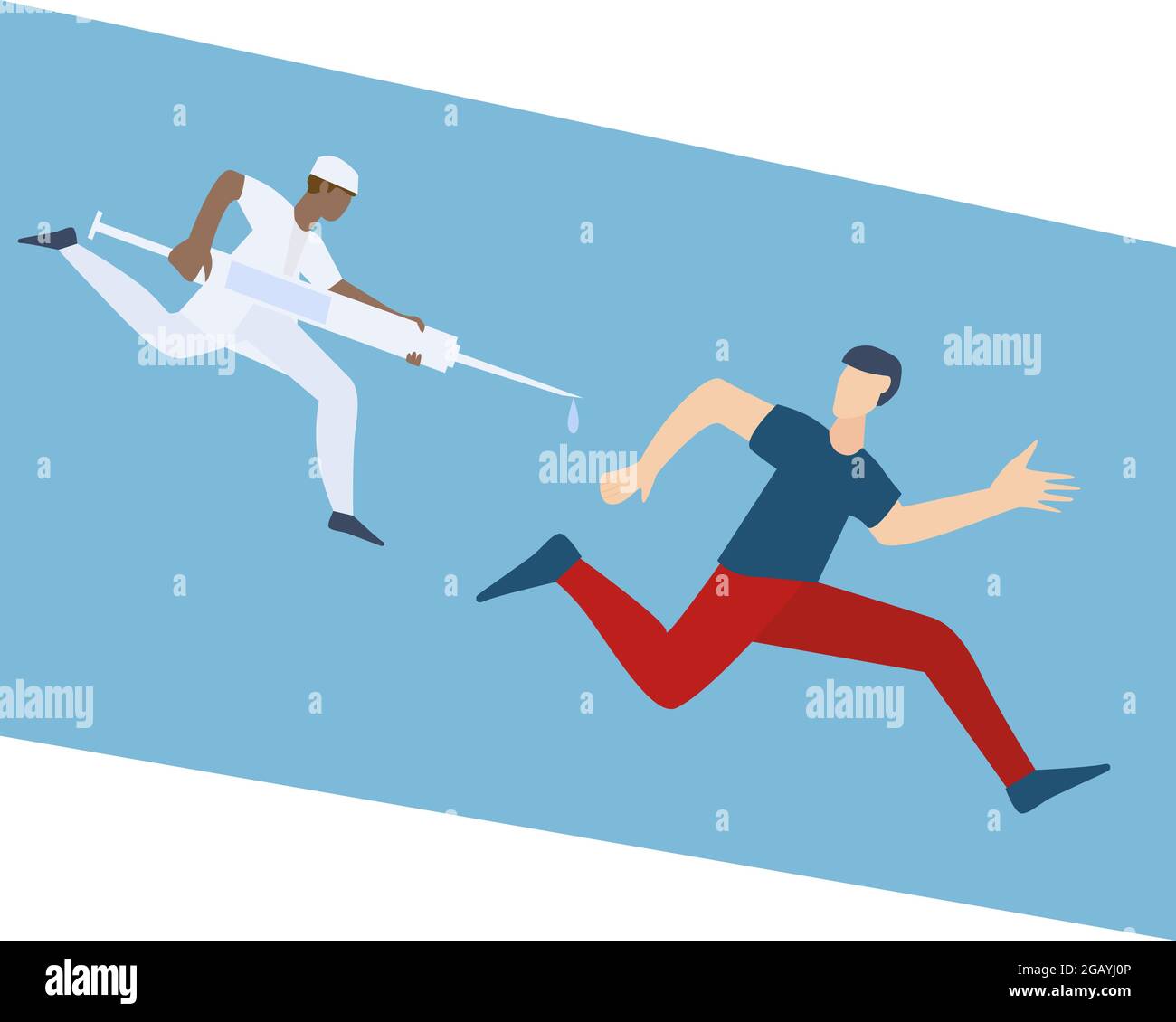 Doctor runs with syringe in his hand after patient. Man in panic and ...