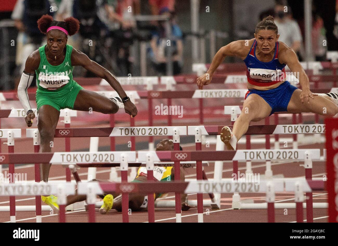 Tokyo, Kanto, Japan. 1st Aug, 2021. Yanique Thompson (JAM) falls during ...