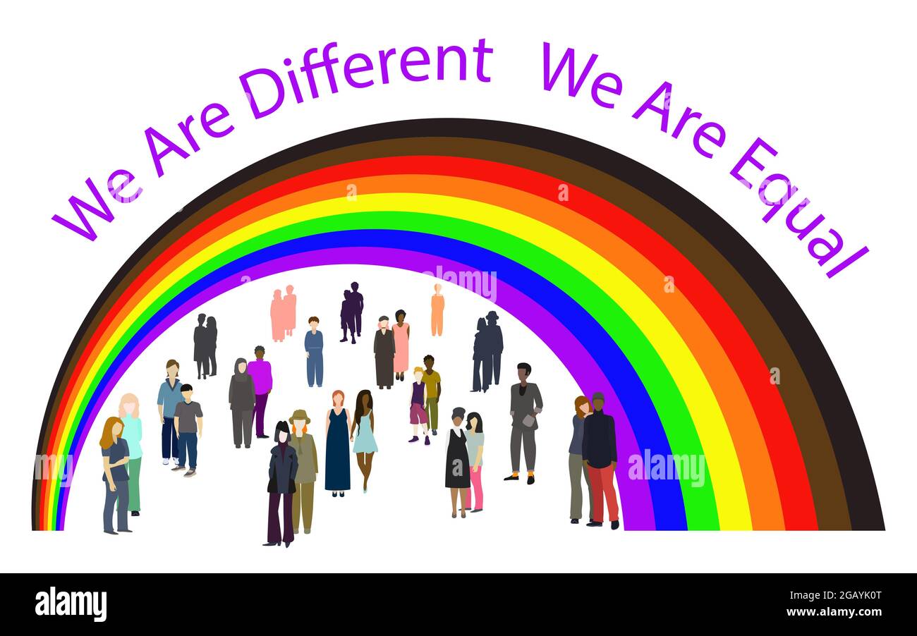 Diversity people stand under pride flag. LGBTQ+ symbol Multi-ethnic ...
