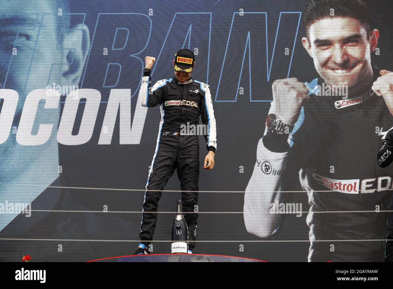 OCON Esteban (fra), Alpine F1 A521, portrait celebrating his victory at the podium during the ...