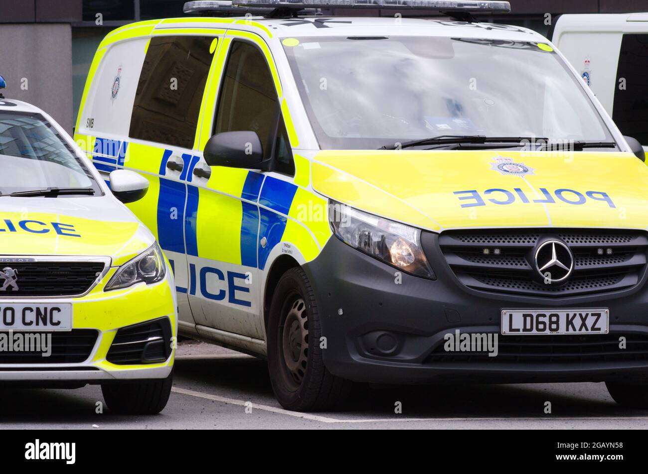 Police cars in central Manchester, England, United Kingdom, operated by ...