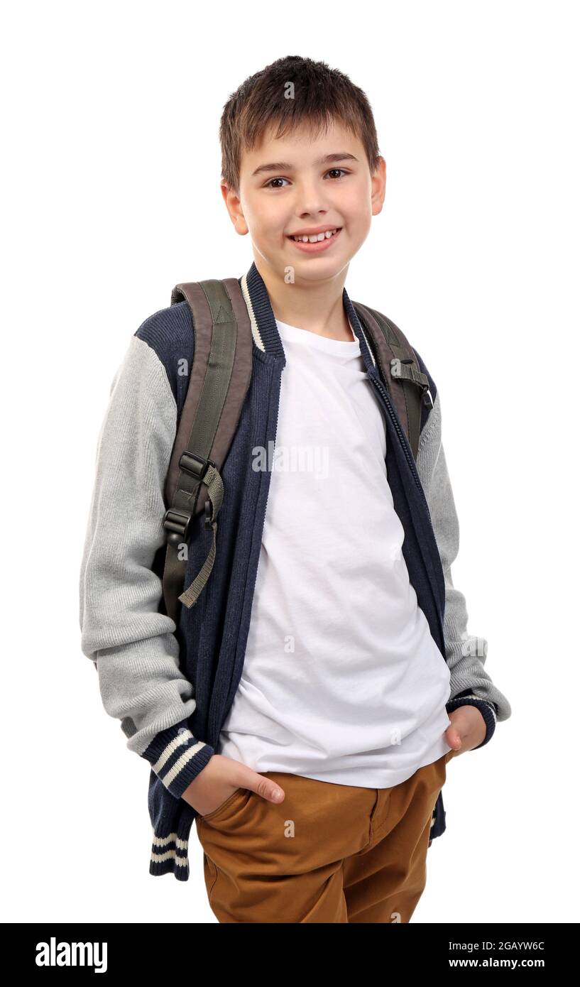 Cute little boy with grey backpack, isolated on white Stock Photo - Alamy