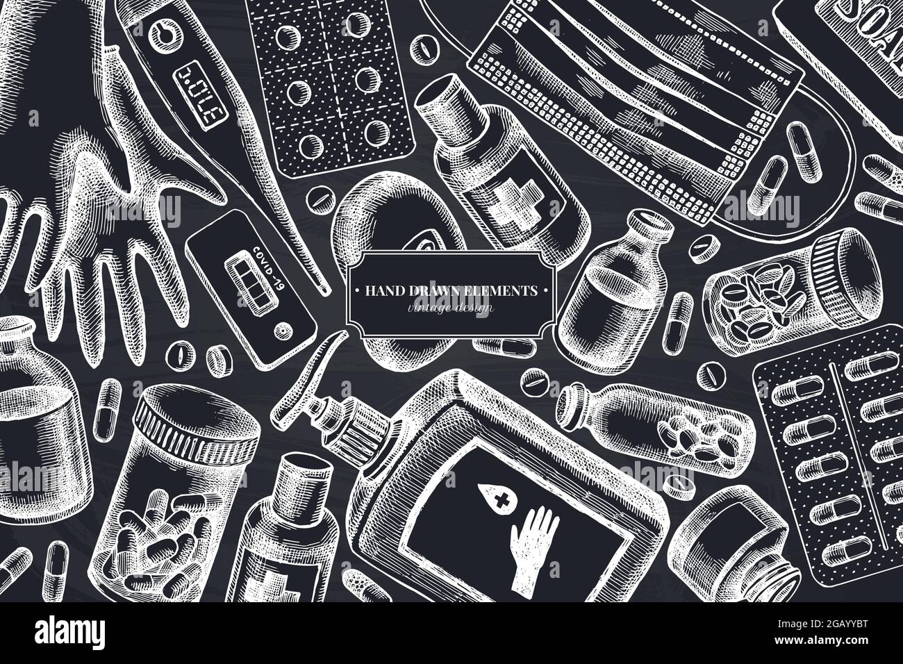Monochrome design with chalk pills and medicines, medical face mask ...