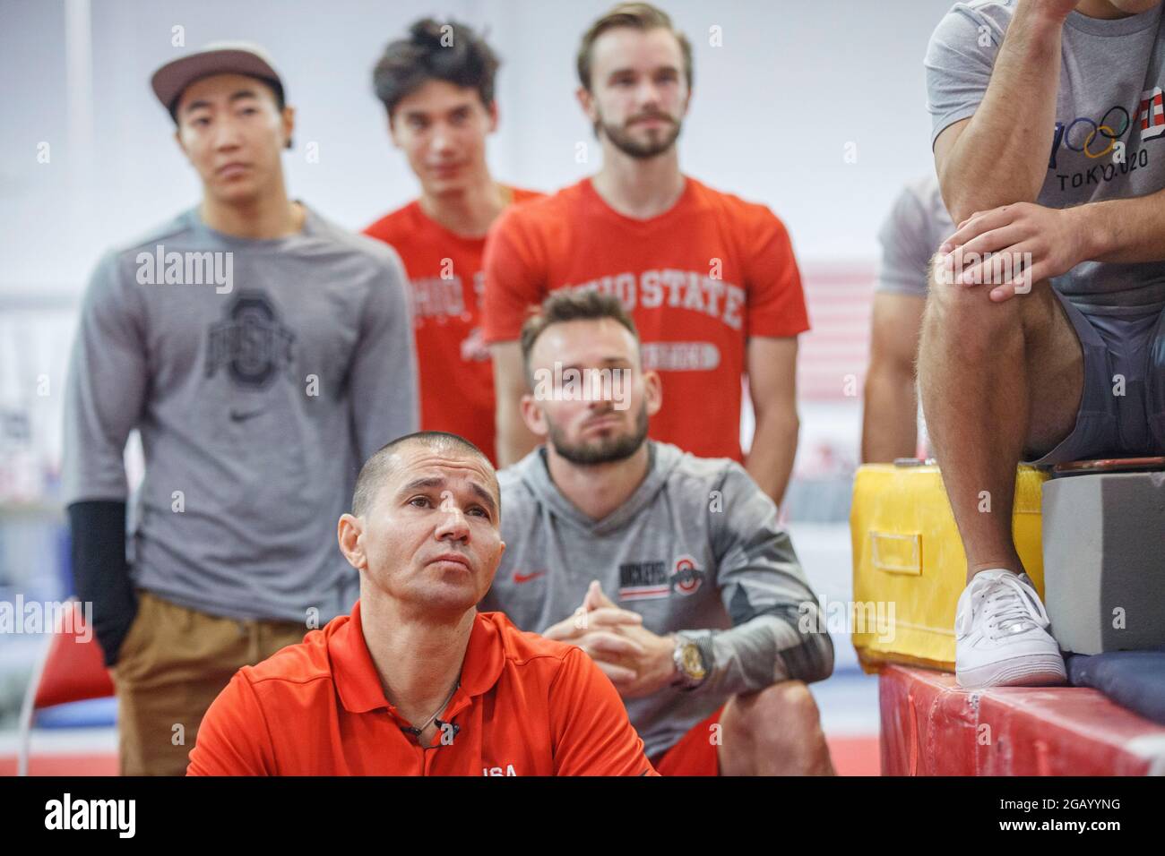 Rustam Sharipov watching the Men’s Pommel Horse finals at Steelwood Training Facility.The Ohio ...