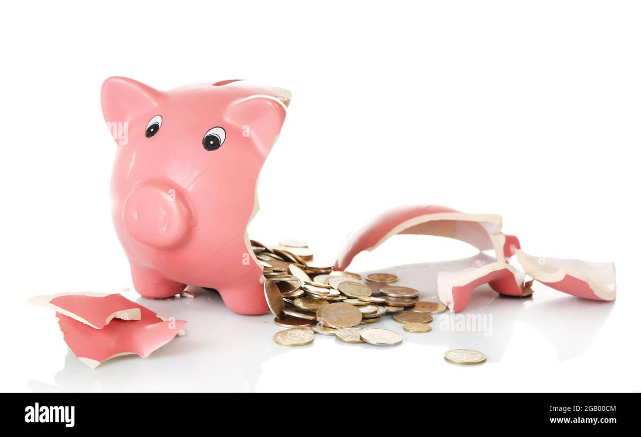 Broken piggy bank isolated on white background Stock Photo - Alamy