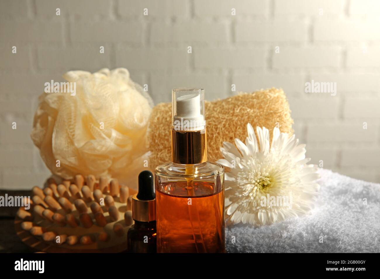 Variety of natural bath tools on bricks wall background Stock Photo - Alamy