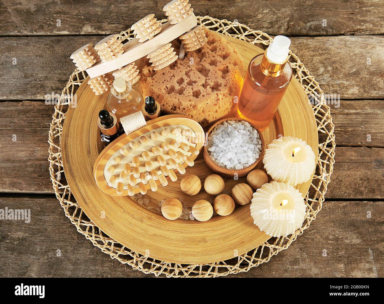Variety of natural bath tools on wooden background Stock Photo - Alamy