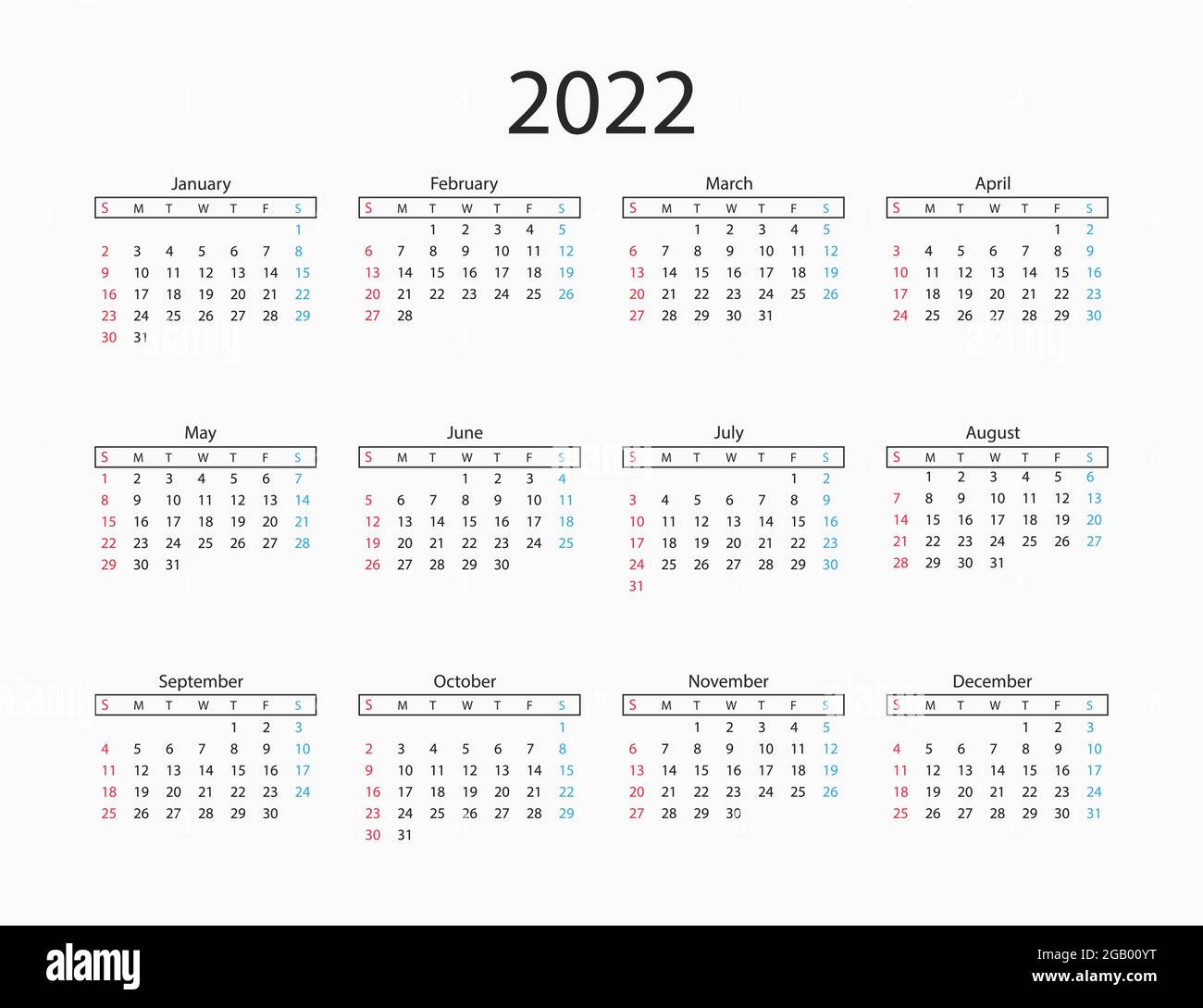 2022 year, calendar. Vector illustration. Weeks start on Sunday Stock ...