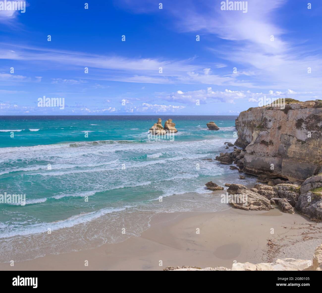 The most beautiful coast of Apulia in Italy: Torre Dell'Orso Bay.Typical seascape of Salento ...