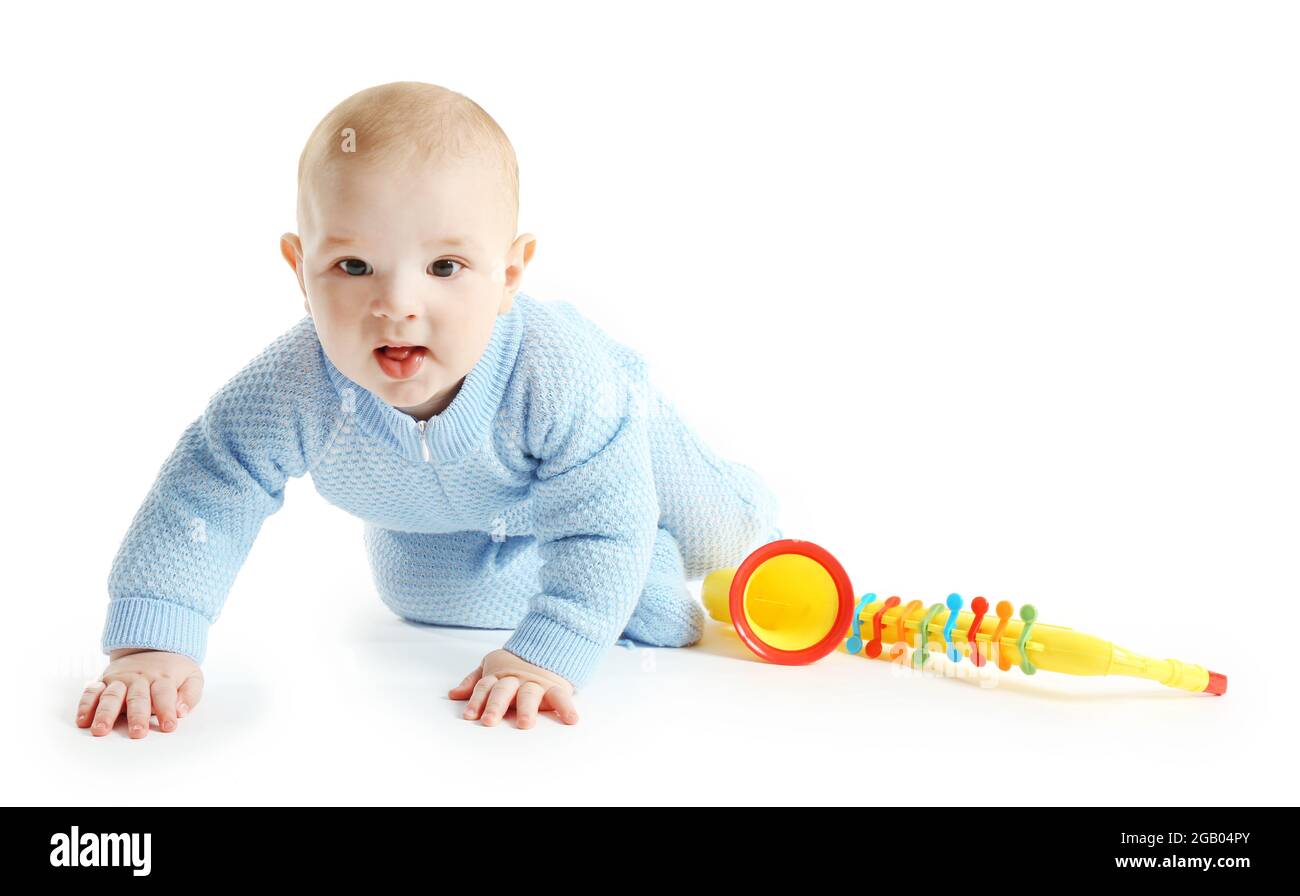 Adorable baby with plastic colourful saxophone isolated on white ...