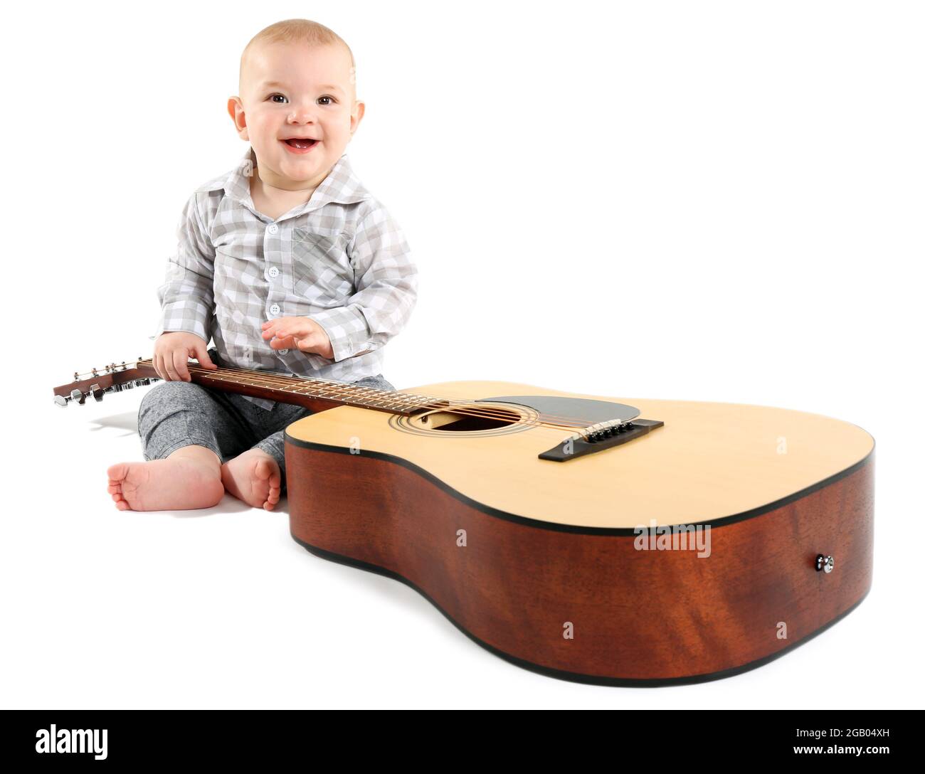 Cute baby with guitar isolated on white background, close up Stock ...