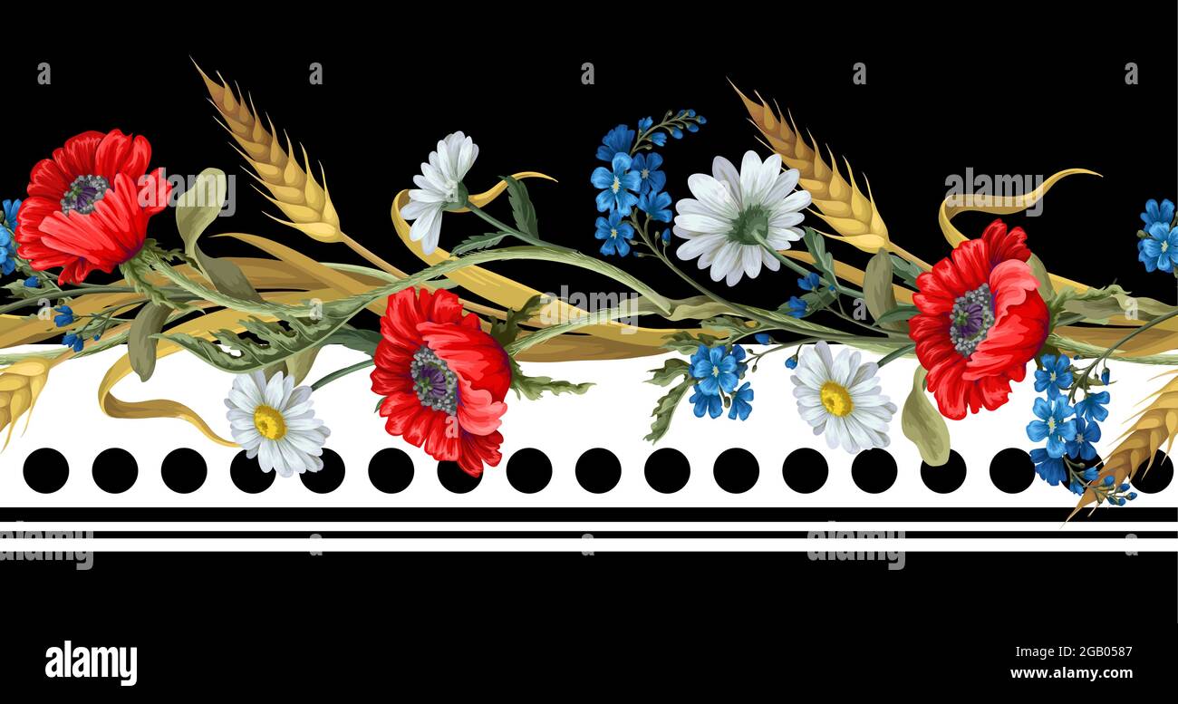 Border with botanical flowers such as poppies, chamomile, ear of wheat ...