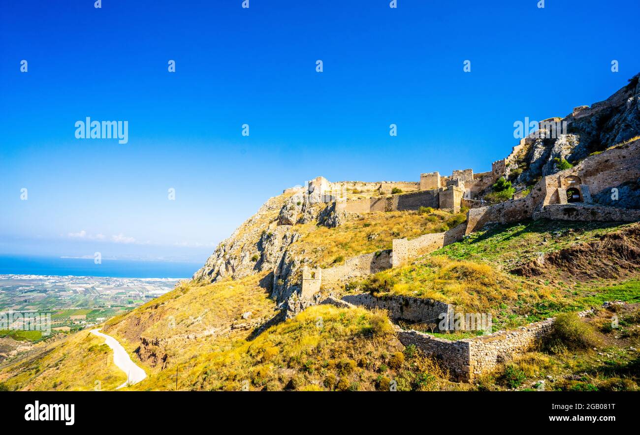 The ruins of Acrocorinth fortress in Peloponnes - Greece Stock Photo ...