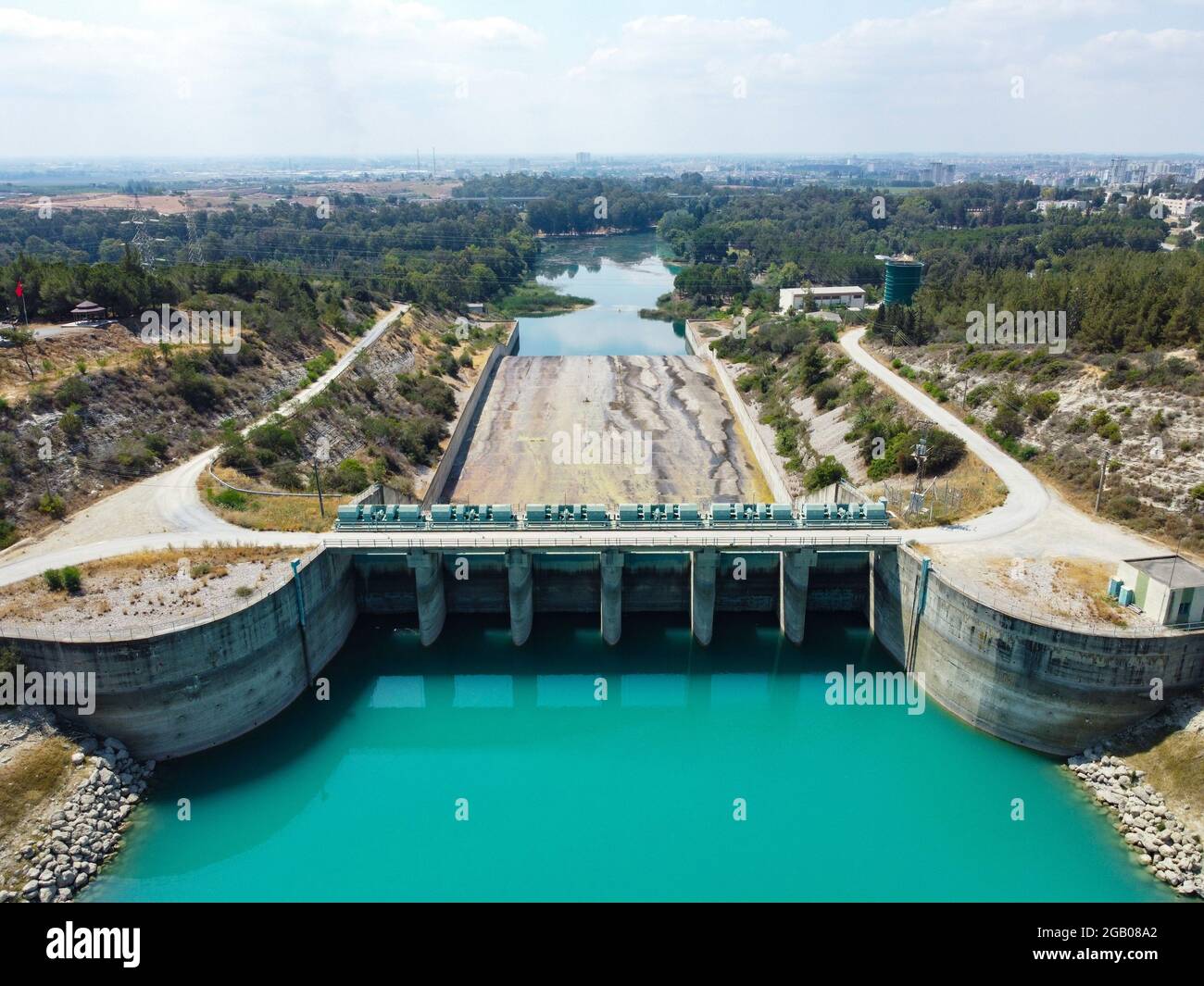 Aerial view of water reservoir, concrete rapid and closed reservoir ...