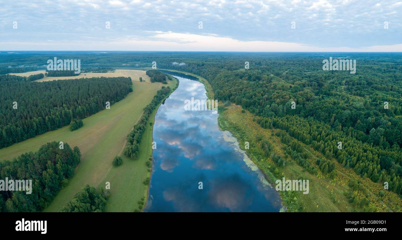 Aerial landscape view over the river, Volga river, Russia Stock Photo ...