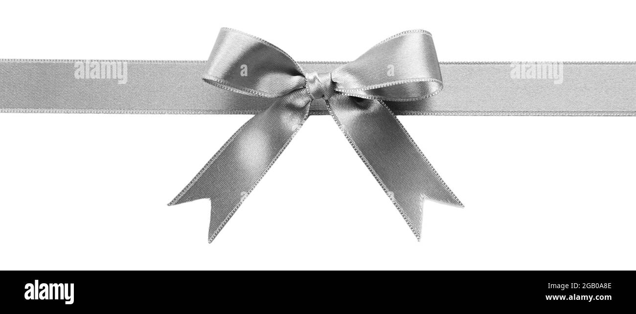 Silver silk ribbon with beautiful bow isolated on white background ...