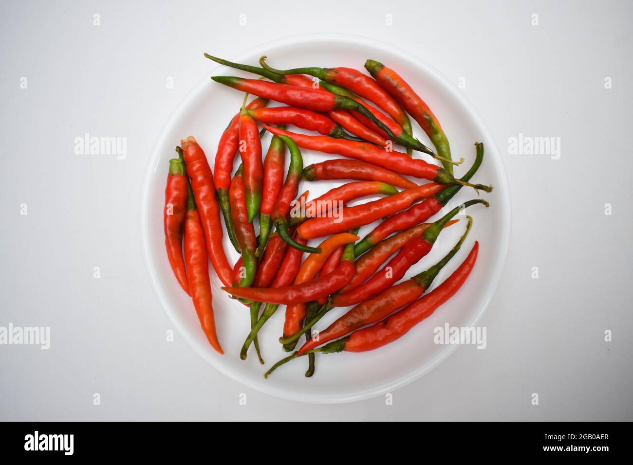 Fresh green chillies turned in to red ripe red chilly with green stem ...