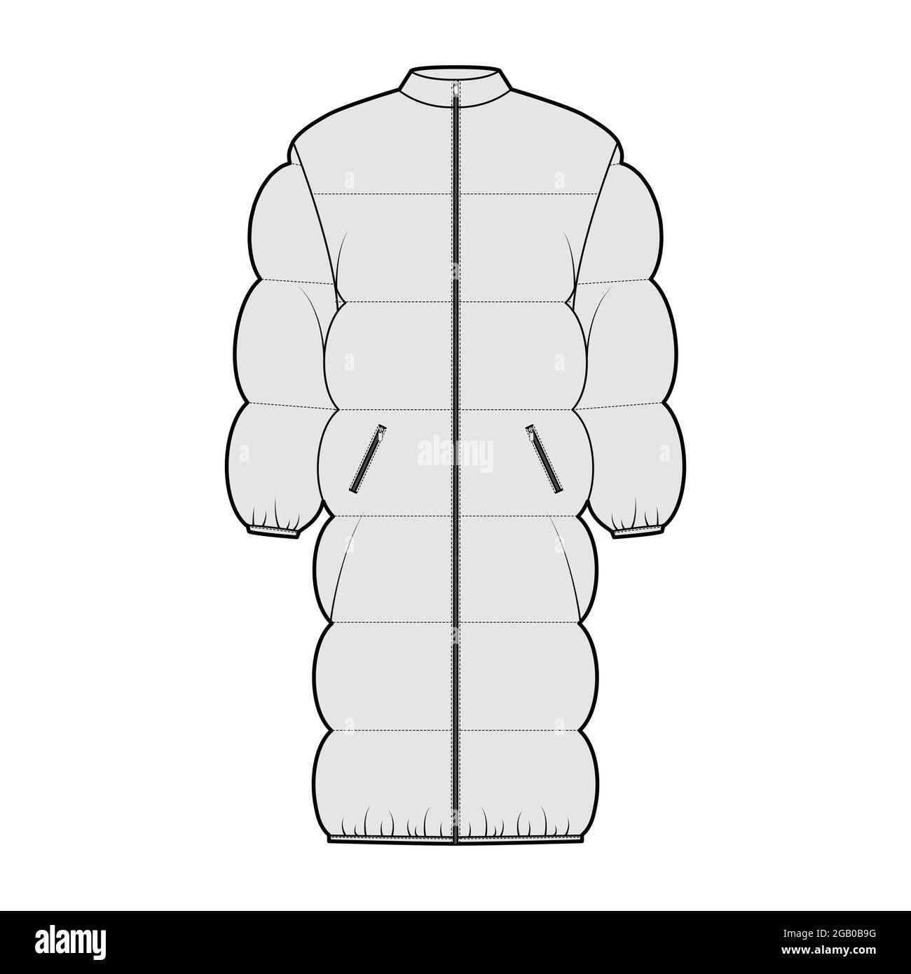 Down Puffer Coat Jacket Technical Fashion Illustration With Long