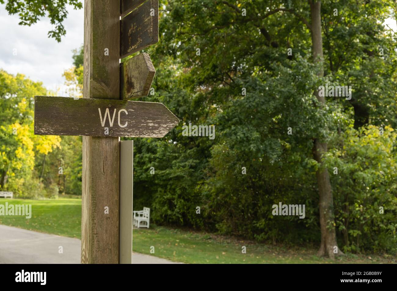 Wooden direction sign to the public toilet in the outdoor green garden ...