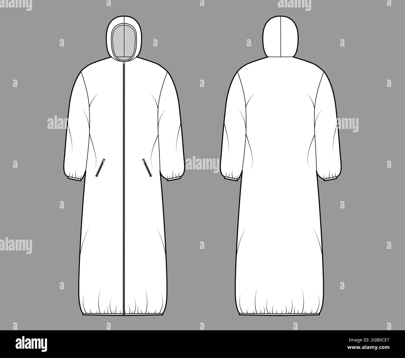 Hooded padded shell coat jacket puffer technical fashion illustration ...